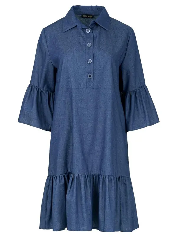 CONQUISTA Denim Bell Sleeve Shirt Dress With Ruffle Hem - Blue