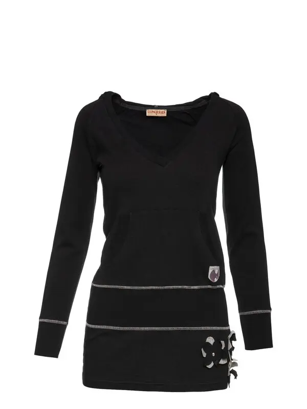CONQUISTA Long Sleeve Hooded Tunic With Appliqué Detail - Black