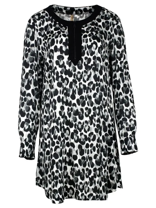 CONQUISTA Animal Print Satin Viscose Long Sleeve Dress - Black