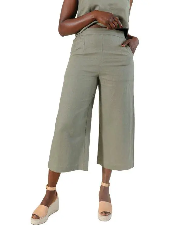 POPLINEN Plus Nin Linen Wide Leg Cropped Pants - Olive