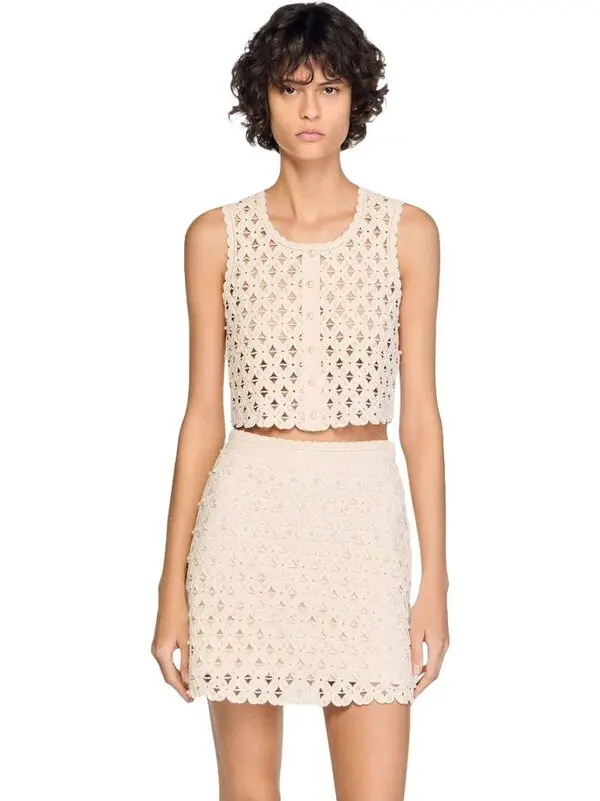 Sandro Beaded Crochet Cropped Cardigan - Ecru