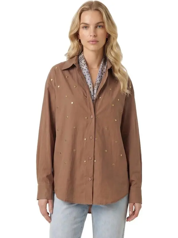 MODENAIRE Stud Detail Printed Scarf Button-up Shirt Set - Brown