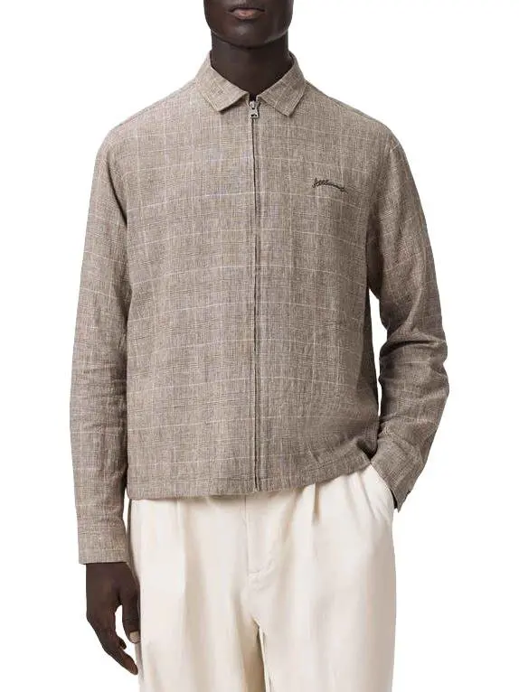 ALLSAINTS Keal Embroidered Logo Glen Plaid Linen Blend Jacket - Sediment Brown