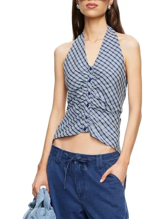 Lioness Halter Neck Plaid Top With Rhinestone Detail - Navy Plaid