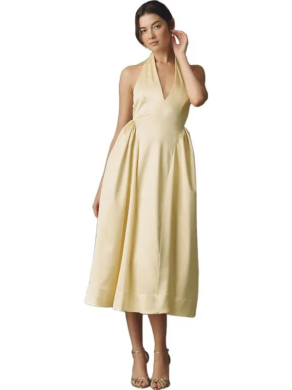 Bhldn Plunge Halter-neck Satin Maxi Dress - Double Cream