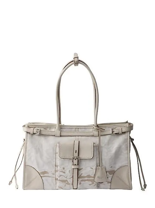 Prada Bonnie Large Printed Leather And Linen Top-handle Bag - White