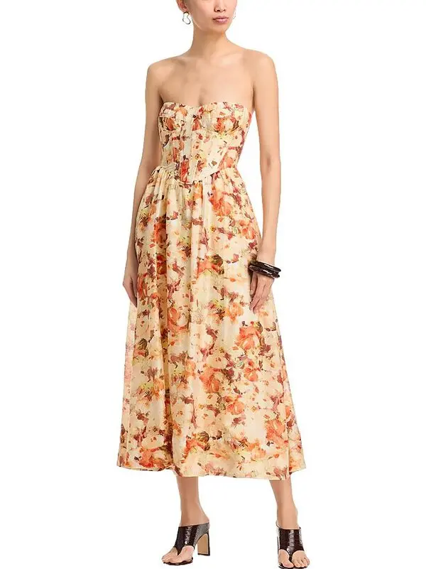 Bardot Lola Printed Strapless Midi Dress - Orange Floral