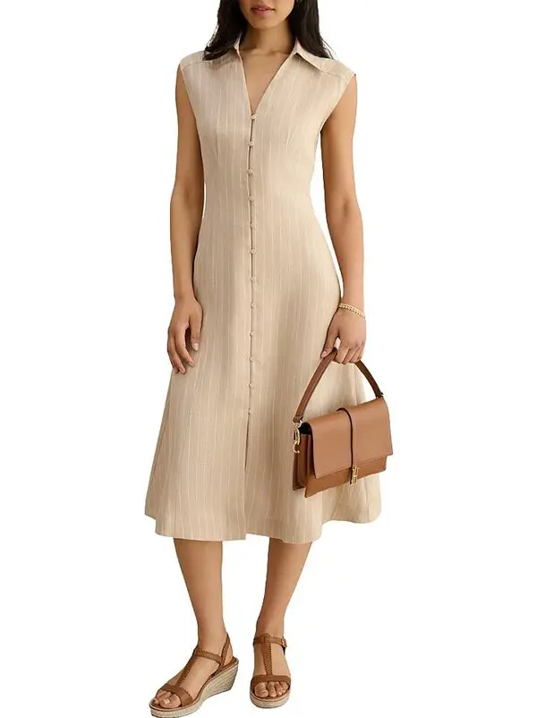 HOBBS LONDON Linen Shirt Dress With Vertical Stripes - Neutral