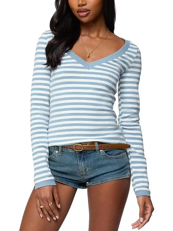 EDIKTED Striped Long Sleeve V-neck Top - Blue-and-white