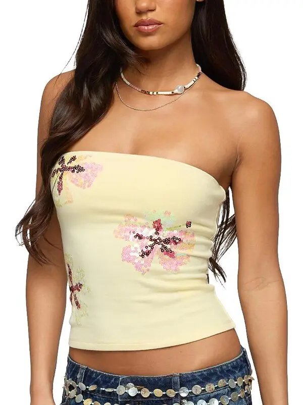EDIKTED Braelyn Sequin Floral Tube Top - Light-yellow