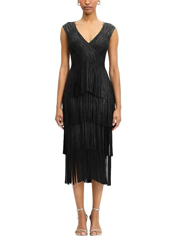 Herve Leger V Neck Foil Fringe Midi Dress - Black Foil