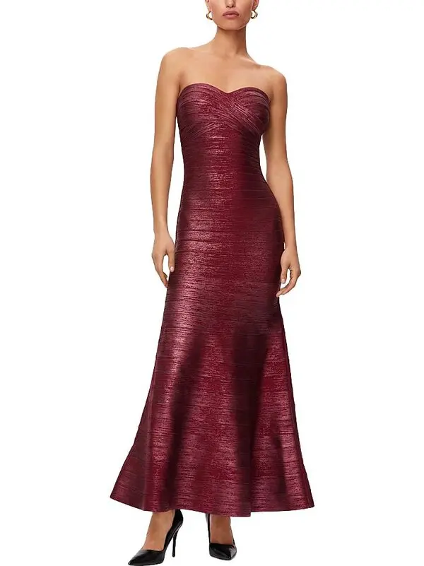 Herve Leger Metallic Strapless Gown - Dark Red Foil