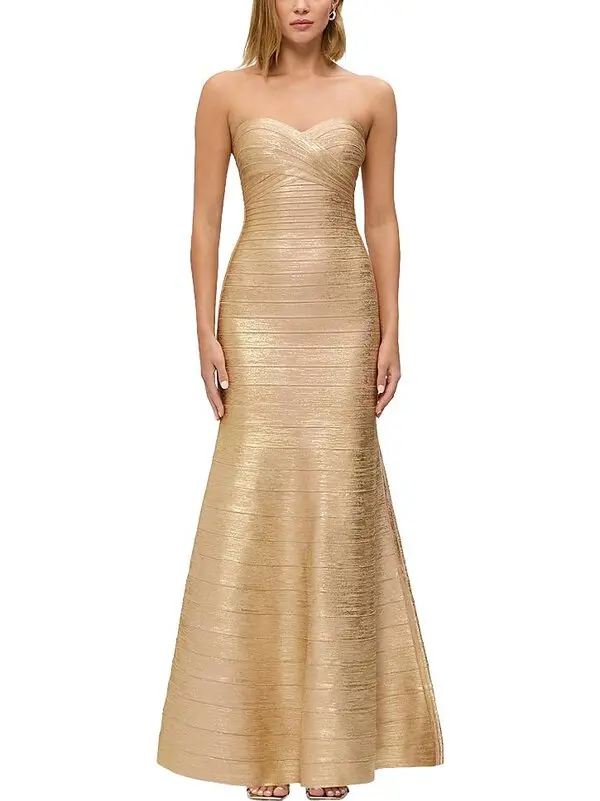 Herve Leger Metallic Strapless Gown - Gold Foil