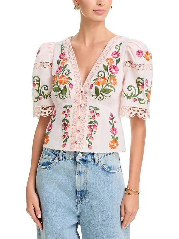 Farm Rio Embroidered Cotton Short Sleeve Top - Light Pink