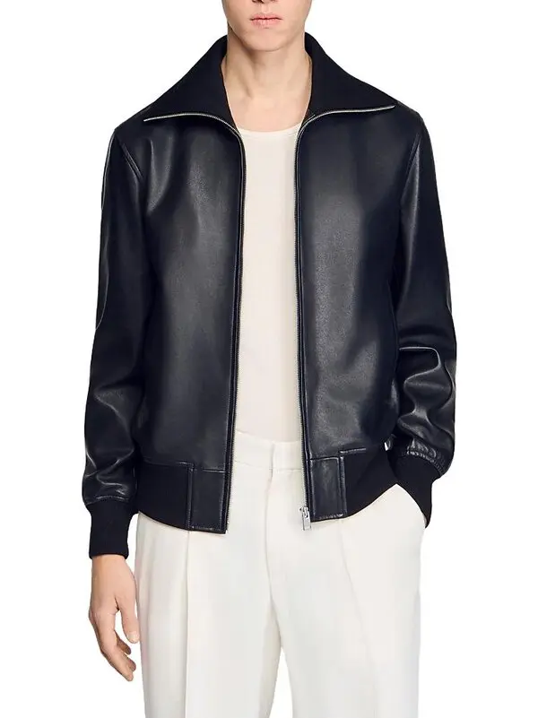 Sandro Harry Full Grain Leather Jacket - Black