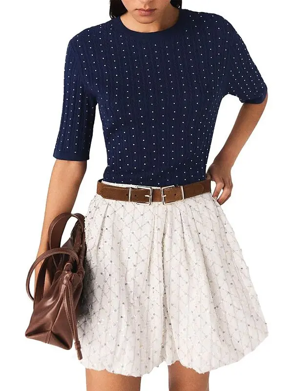 Maje Round Neck Rhinestone Sweater - Navy