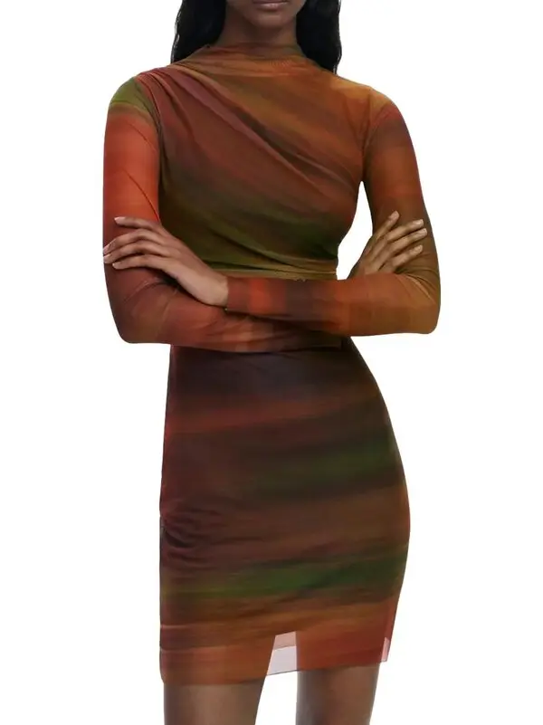 Desigual Draped Mock Neck Long Sleeve Mini Dress - Orange