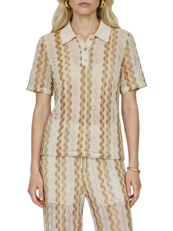 Vero Moda Teresa Chevron Openwork Knit Polo Top - Birch Pattern Silver Mink Gold
