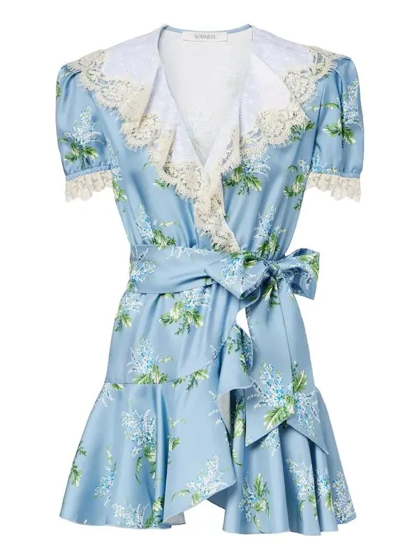 RODARTE Floral Lace-trimmed Silk Twill Minidress - Blue