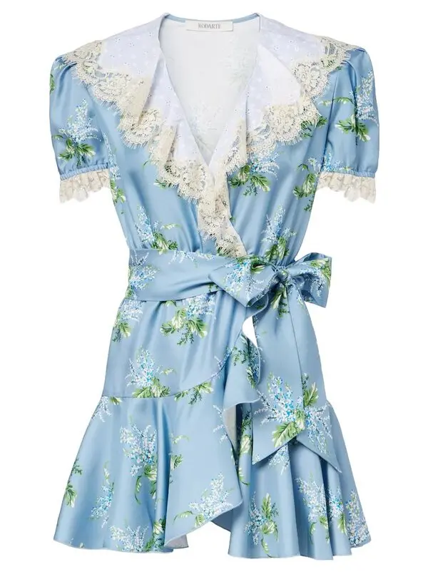 RODARTE Floral Lace-trimmed Silk Twill Minidress - Blue