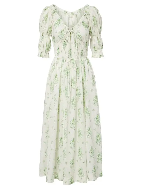 DÔEN Ischia Gathered Floral Cotton Midi Dress - Green