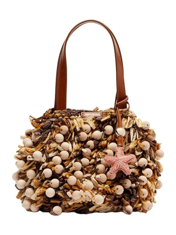 AQUAZZURA Pom Pom Beaded Top-handle Bag - Beige