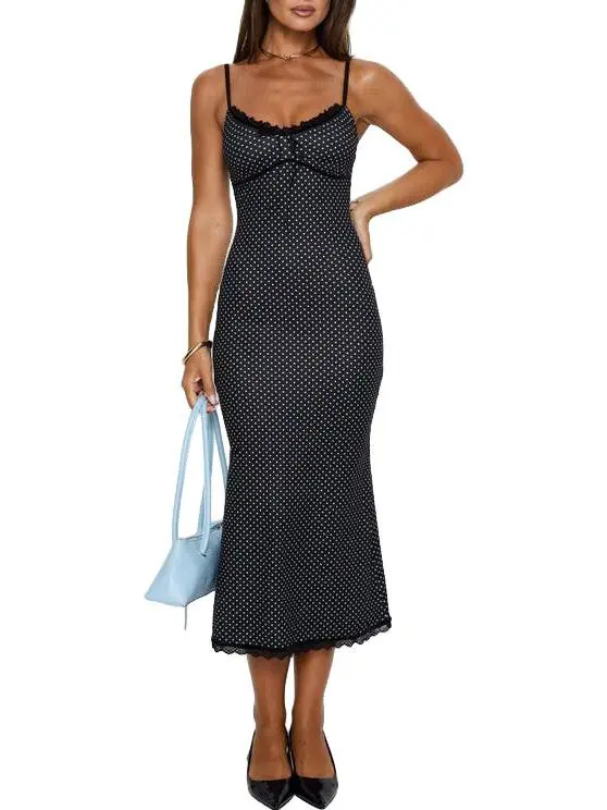 Princess Polly Delaney Polka Dot Lace Trim Dress - Black Polka Dot