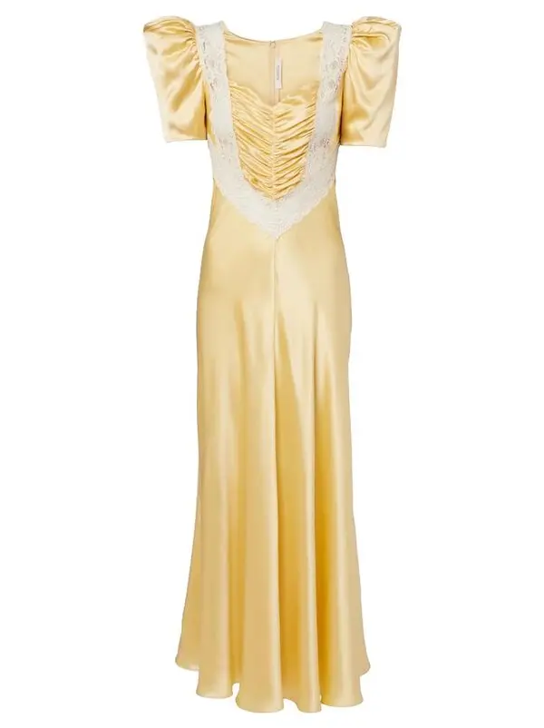 RODARTE Lace-trimmed Ruched Silk Satin Maxi Dress - Yellow