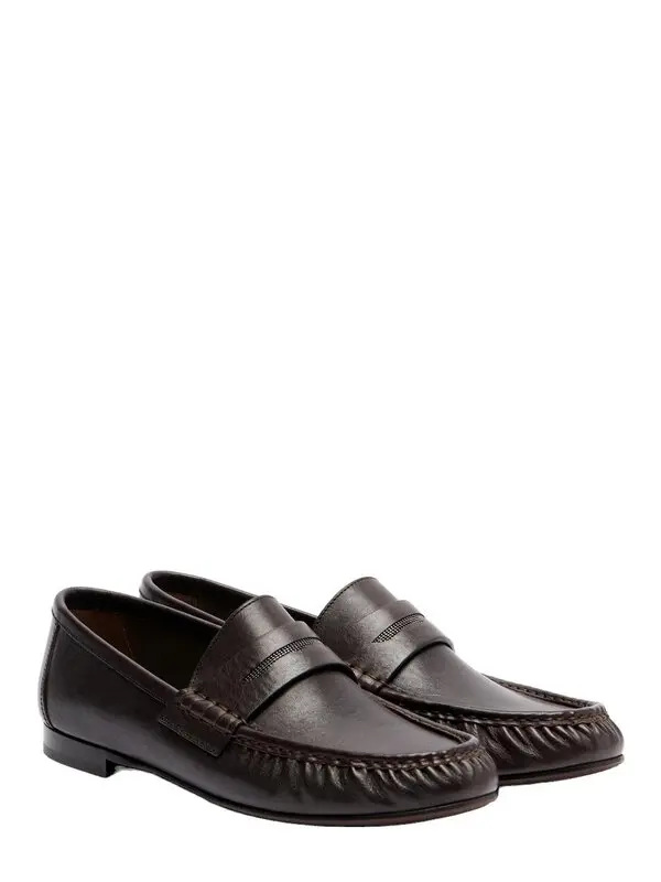 Brunello Cucinelli Monili Leather Penny Loafers - Brown