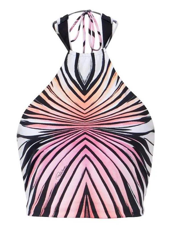 Roberto Cavalli Printed Halterneck Mesh Crop Top - Multicoloured