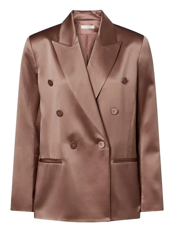 THE SEI Double-breasted Silk Satin Blazer - Brown