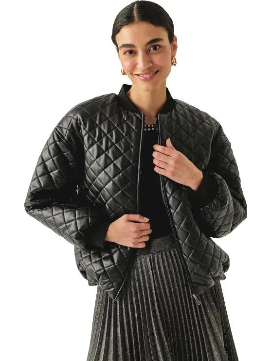 EXQUISE Quilted Faux Leather Bomber Jacket - Black