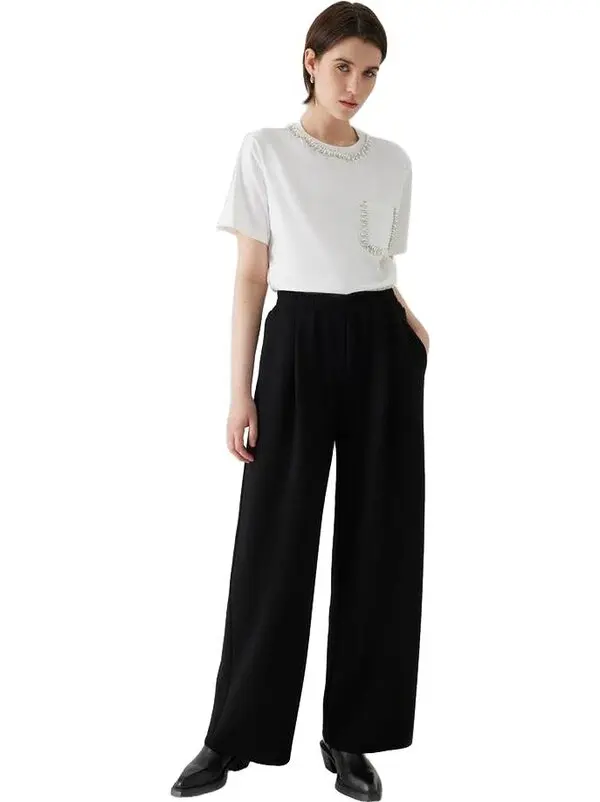 EXQUISE Elastic Waist Wide Leg Pants - Black