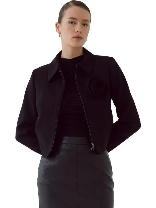 EXQUISE Rose Embellished Zip-up Jacket - Black