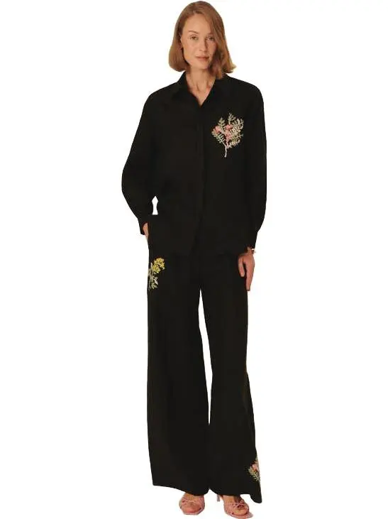 EXQUISE High Waist Wide Leg Linen Trousers - Black
