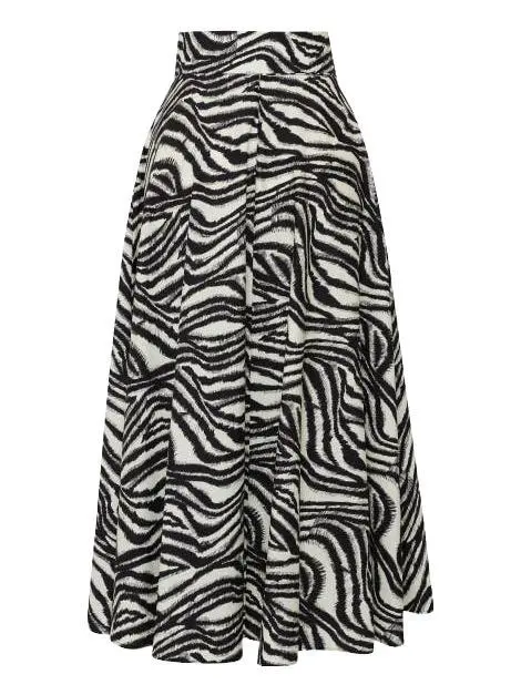 EXQUISE Zebra Print Buckled Cotton Midi Skirt - Black