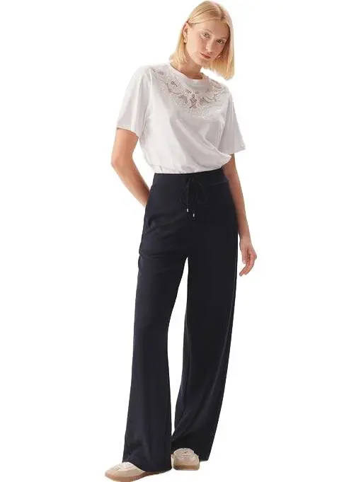 EXQUISE Wide Leg Knit Lounge Trousers - Navy Blue