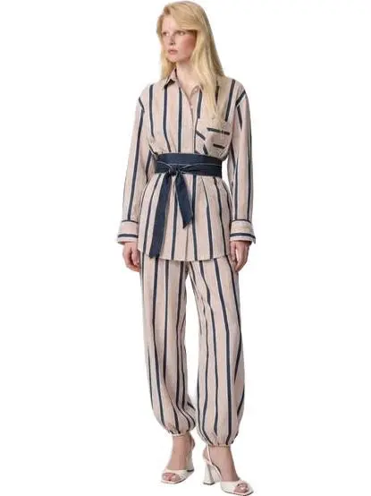 THEO THE LABEL Ismene Boyfriend Stripe Shirt - Eclipse Nude Stripe
