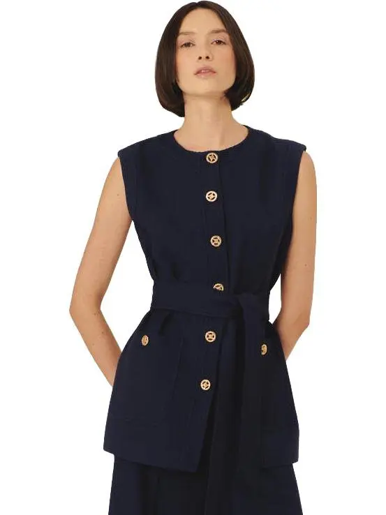 EXQUISE Phoenix Vest With Gold Button Details - Navy Blue