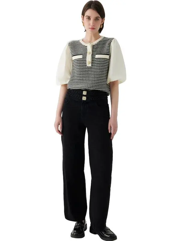 EXQUISE Belted Wide Leg Denim Pants - Black
