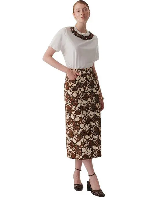 EXQUISE Rosalie Midi Skirt With Printed Design - Brown