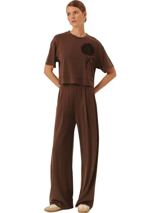 EXQUISE Knit Wide Leg Pants - Brown