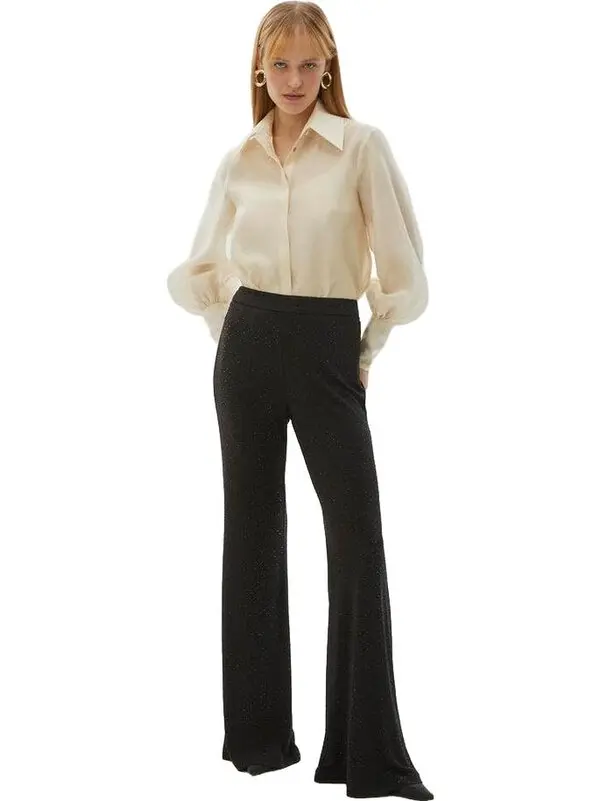 EXQUISE Slim Sequin Print Flared Knit Pants - Black