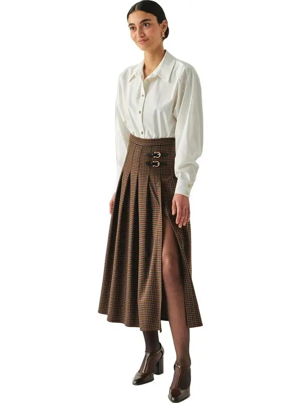 EXQUISE Zayla Checked Midi Skirt - Brown