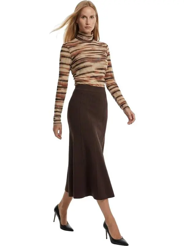 EXQUISE High Waist Knit Midi Skirt - Brown