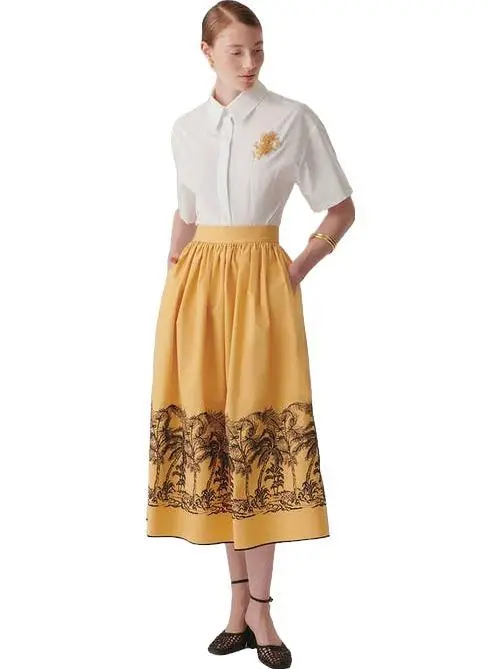 EXQUISE Callie Pleated Midi Skirt With Tropical Print - Camel