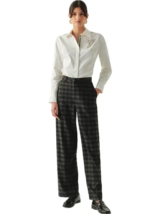 EXQUISE Emiliana Pocketed Plaid Wide Leg Pants - Anthracite
