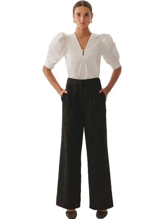 EXQUISE Broderie Anglaise Wide Leg Trousers - Black