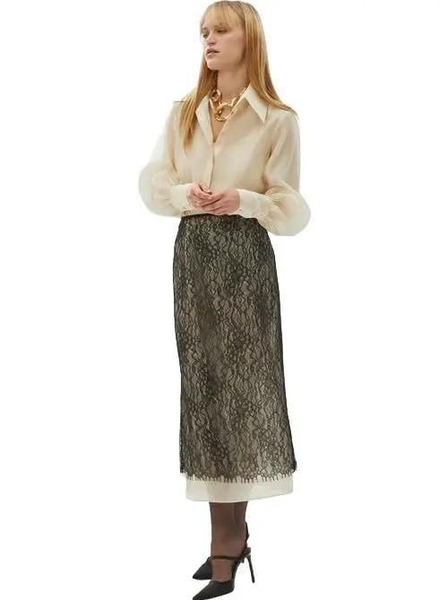 EXQUISE Tulle Lace Midi Skirt - Black