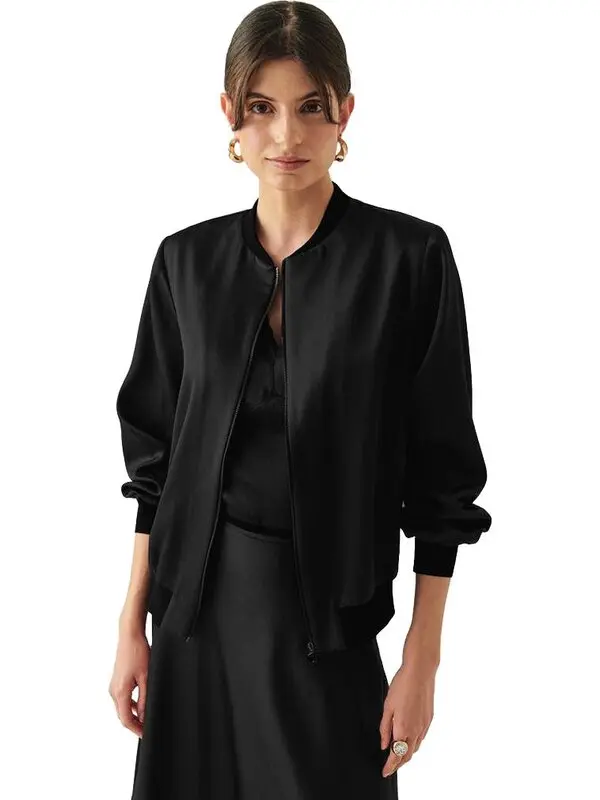 EXQUISE Lacey Satin Bomber Jacket - Black